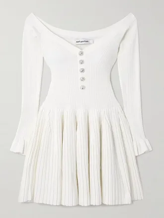 Self Portrait Mini-robe &Eacute;paules Nues En Mailles C&ocirc;tel&eacute;es &Agrave; Plis - Blanc