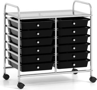Costway Chariot de Rangement à roulettes 12 Tiroirs en pp, Tour de Rangement avec Tablette, Roues Universelles, Desserte Meuble Tiroir (Noir)