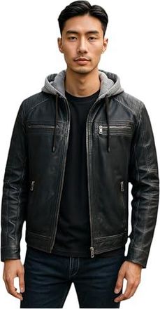 Infinity Leather Veste de motard slim &agrave; capuche bleu marine en cuir dagneau v&eacute;ritable pour homme