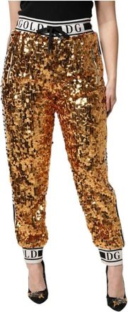 Dolce & Gabbana Femme, Pantalons, Jaune, Taille: 40 FR Joggers Taille Haute &agrave; Logo M&eacute;tallis&eacute; et Sequins