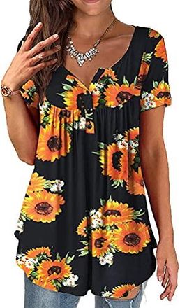 ORANDESIGNE Shirt Femme Fleurs Col en V été Casual Ample Grande Taille Manche Longue Tuniques Blouse Longue Chemisie Henri Hauts à Manches Courtes Tops Tee Shirt 
