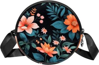Generic Petit sac &agrave; bandouli&egrave;re circulaire pour femme, motif feuilles florales, sac &agrave; dos avec fermeture &eacute;clair, bretelles r&eacute;glables, sac &agrave; main rond d&eacute;contra