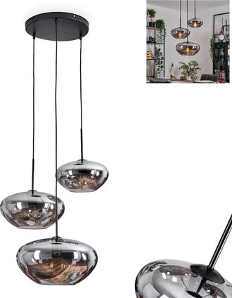 HOFSTEIN H&auml;ngeleuchte Mertola, H&auml;ngelampe aus Metall/Glas in Schwarz/Rauchfarben, Leuchte im modernen Retro/Vintage-Design mit Schirmen aus Glas (&Oslash; 25, 30, 35 