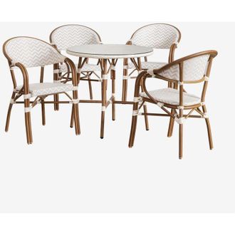 Sklum Sklum - Brielle Bistro rundes Tischset, &Oslash;80 cm, und 4 stapelbare Esszimmerst&uuml;hle aus Aluminium mit Armlehnen. Beige Nude - Gardenia Wei&szlig;