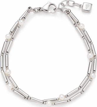Leonardo Armband Mirella - doppelreihige Arm-Kette aus silberfarbenem Edelstahl - Süßwasserperlen und Edelstahl-Stäbchen im Wechsel - Länge 18,5-20,5 cm - Schm
