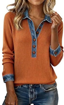 Generic Pull en tricot pour femme Denim Patchwork Sweat-shirt avec boutonni&egrave;re Femme Sans capuche Manches longues Col &agrave; revers Pull Haut Mode D&eacute;contract&eacute; T-sh