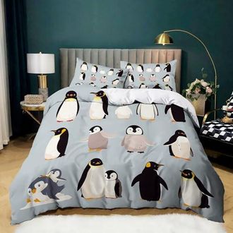 Generic Housse de Couette Mod&egrave;le Pingouin Dessin Anim&eacute; 180 x 200 cm, Parure de Lit Gris 2 Personnes - House de Couette Microfibre avec Fermeture Eclair et 2 T