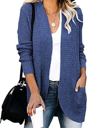 TOMWELL Gilet Femme Pulls Tricot Long Cardigan Veste Manches Longues Pull Manteau Hiver Chaud Tricoté Sweaters Couleur Unie Pull Cardigan Outwear avec Poches 