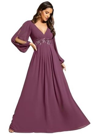 Ever-pretty Robe M&egrave;re de Mari&eacute;e Grande Taille Femme Longue Manche Longue Col V en Mousseline Applique Pliss&eacute; Prune 42