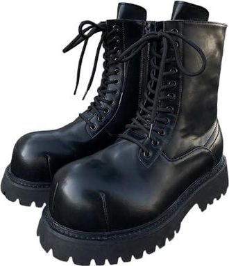 Generic GLDFW Bottes courtes en cuir pour homme augmentant la hauteur à semelle épaisse Couleurs bloquées Vêtements de travail Chaussures de moto montantes, N