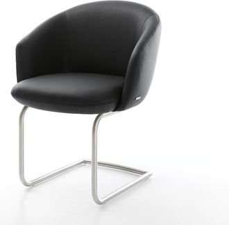 DELIFE Freischwinger Caja-Flex mit Armlehnen Echt-Leder Schwarz Freischwinger rund Edelstahl Taschenfederkern, Esszimmerstühle