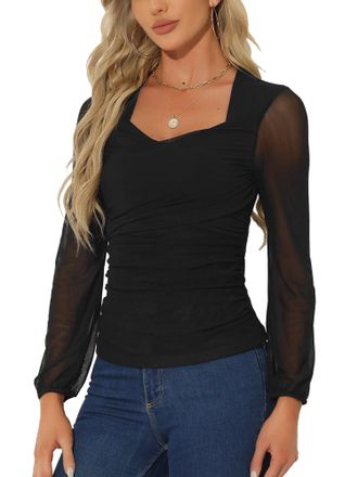 Allegra K Damen Netzbluse V-Ausschnitt Langarm R&uuml;schen Schmale Passform Elegante L&auml;ssige Wickeloberteile Schwarz S