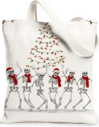 Generic Sacs fourre-tout en toile motif squelettes de No&euml;l, sacs de courses r&eacute;utilisables, l&eacute;gers et lavables &agrave; l&eacute;paule S, blanc, 13x15 Inch