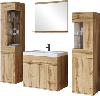 Mirjan24 Badm&ouml;bel Set Neskir mit Waschbecken und Siphon, Komplettprogramme f&uuml;r Badezimmer, Spiegel, Waschtisch, Hochschrank, H&auml;ngeschrank (Wotan, ohne Beleucht