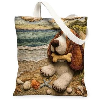 Generic Sac fourre-tout amusant en toile motif basset hound pour faire du shopping, 33 x 38,1 cm, sac d&eacute;picerie r&eacute;utilisable pour femme, peinture danimaux dom