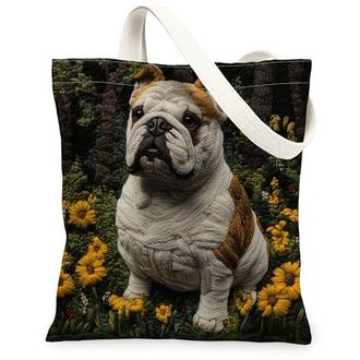 Generic Sac fourre-tout en toile motif bouledogue printanier 33 x 38,1 cm, style tricot&eacute;, sac d&eacute;picerie r&eacute;utilisable pour femme, peinture esth&eacute;tique, d&eacute;corati