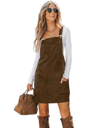 Cupshe Robe dautomne en velours c&ocirc;tel&eacute; avec poche avant et col carr&eacute;, bretelles larges, style d&eacute;contract&eacute;, marron, Taille L