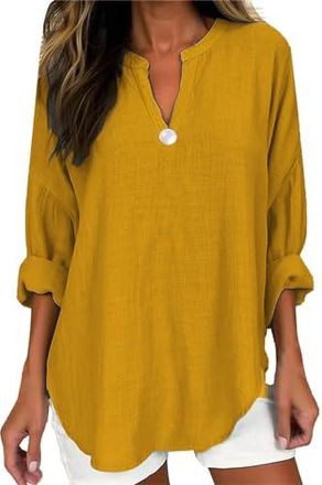 Generic Chemisier Femme Coton Lin Grande Taille De Loisirs Chemises D&eacute;t&eacute; &Agrave; Manches Longues Col en V Profond Amples Tops L&eacute;g&egrave;re Confortable Tunic &Agrave; La Mode Cot