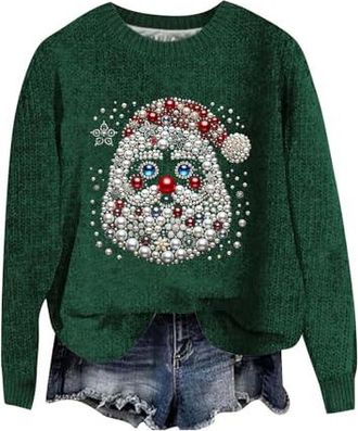 Generic Chandail de No&euml;l &agrave; manches longues pour femme - Haut en tricot &eacute;pais avec perles et strass - Col rond - Chaud et tendance - V&ecirc;tements dhiver pour lint
