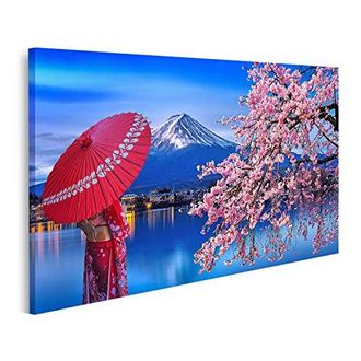 Islandburner Tableau sur Toile Femme Asiatique Portant Un Kimono Japonais Fuji Mountain Cherry Blossom Kawaguch Cadre Affiche Poster Murale Tableaux