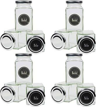 mikken Art 12 eckige Gewürzgläser 260 ml inkl. 24 Gewürzetiketten Deckelfarbe Silber