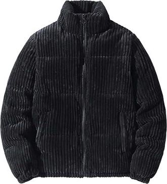 Generic Doudoune en velours c&ocirc;tel&eacute; pour homme - Noir uni - Veste thermique rembourr&eacute;e - Col montant - Manteau dhiver &agrave; manches longues - Veste softshell en co