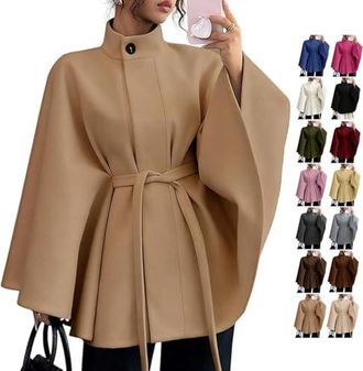 Generic Ponchos &agrave; manches chauve-souris pour femmes, manteau d&eacute;contract&eacute;, col montant, boutonn&eacute;, ceinture, cape en laine, v&ecirc;tements dext&eacute;rieur habill&eacute;s tendan