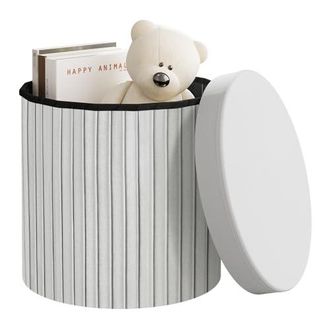 Woltu Pouf Rond avec Rangement, Tabouret de Rangement Pliable, Tabouret avec Couvercle Rembourré, Coffre Pouf en Velours, MDF, Ø38xH36 cm, Gris Clair