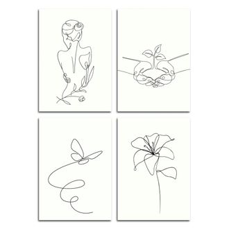 Generic MJ-Graphics - Poster Set One-Line-Art Wohnzimmer & Schlafzimmer Natur 4 Wandbilder Din A3 dickes Posterpapier Wanddeko ohne Bilderrahmen