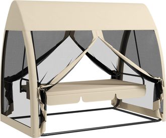 OUTSUNNY 2 in 1 Hollywoodschaukel mit Liegefunktion 3-Sitzer Gartenschaukel mit Baldachin, M&uuml;ckennetz, Schaukelbank belast bis 300kg, Gartenliege f&uuml;r Garten, T