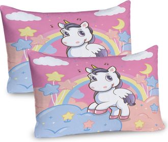 Abakuhaus Feminin Kissenbezug Packung mit 2, Baby Einhorn mit Regenbogen und Musiknoten Wolken im Himmel Fantastisches Muster, Dekorativer Standard Gedruckter K