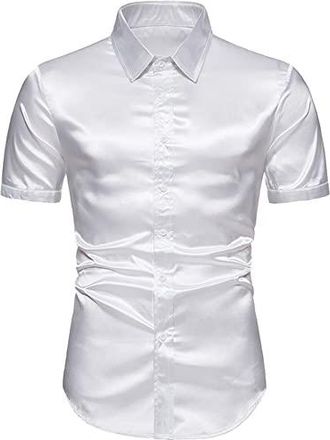 Feoya Chemise de Luxe Brillante &agrave; Manches Courtes en Satin pour Homme, A - Blanc, S