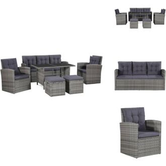 vidaXL 6-tlg. Garten-Lounge-Set mit Auflagen Poly Rattan Grau - Garten Lounge Set - Outdoor M&ouml;bel - Rattan Gartenm&ouml;bel - Gartenstuhl - Esstisch