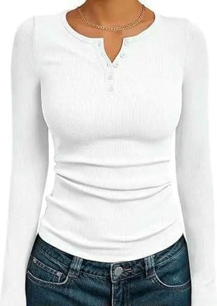 Generic QXDZSW T-shirt &agrave; manches longues pour femme Col dautomne c&ocirc;tel&eacute; Style basique, blanc, XXL
