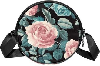 Generic Sac &agrave; bandouli&egrave;re rond pour femme, petit sac &agrave; bandouli&egrave;re vintage rose floral avec fermeture &eacute;clair, bretelles r&eacute;glables, sac &agrave; main rond d&eacute;contract&eacute;