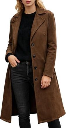 Generic Trench-coat en daim synth&eacute;tique pour femme avec revers crant&eacute; simple boutonnage, marron fonc&eacute;, XXL