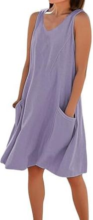 Generic Robe d&eacute;t&eacute; d&eacute;contract&eacute;e tendance simple en coton et lin sans bretelles avec poches - Couleurs unies - Robe midi ample pour la plage et les vacances, vi