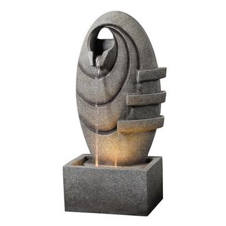 Teamson Home Garten Outdoor Brunnen Moderner Ovaler Brunnen mit warmen LED-Lichtern, Einstellbarer Fluss, Robustes dunkelgraues Steinoptik-Finish