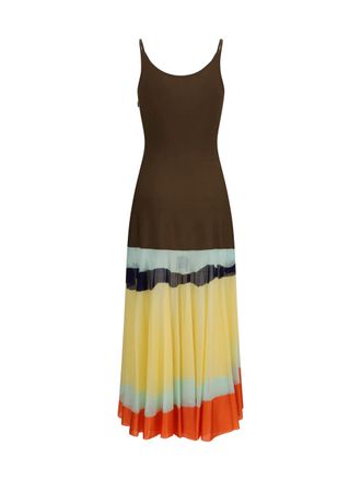 Fendi Womens Long Dress With Color-Striped Skirt Brown Multi Viscose; Polyamide