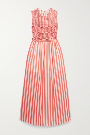 Loretta Caponi + Net Sustain Gioia Midikleid Aus Gestreifter Baumwollpopeline Mit Stickereien - Orange