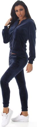 Voyelles Damen Wellnessanzug Hausanzug Jogginganzug Wohlf&uuml;hlanzug Freizeitanzug Zweiteiler Kapuze Jogger Langarm Blau-M