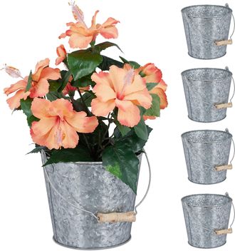 Relaxdays Zinktopf 5er Set, Kräutertopf für Küche, Balkon & Garten, verzinkter Blumeneimer aus Metall mit Henkel, Silber