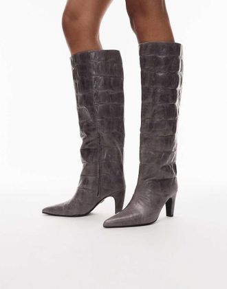 Bronx Low-Jadey - Kniehohe Stiefel aus Leder in Grafit mit Kroko-Muster-Grau