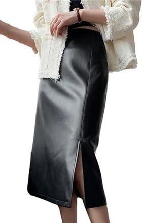 Generic Jupes droites &agrave; taille haute avec fermeture &eacute;clair pour femme - Jupe midi en cuir, Noir, 4XL