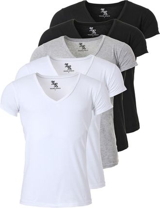 Young & Rich Herren Uni T-Shirt mit extra tiefem V-Ausschnitt Slimfit Stretch Dehnbare Passform einfarbiges Basic Shirt - 5er Pack, Gr&ouml;sse:XL, Farbe:2 x Wei&szlig; / 2 x