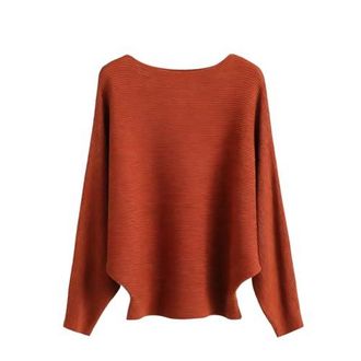 Generic Pull tricot&eacute; &agrave; manches chauve-souris pour femme - Col bateau - Manches chauve-souris - Pull dhiver &agrave; col bateau, Orange, Taille unique