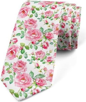 Generic Cravate Fleurs Blanches, Roses Et Vertes Classique Tie &Eacute;l&eacute;gant Cravate DAffaires Pour C&eacute;l&eacute;brations Affaires &Eacute;v&eacute;nements
