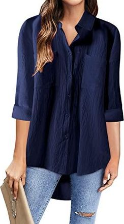 Onsoyours Femme Chemisier Lin Manches Longues Grande Taille Blouses Asymétrique Tunique Tops Vintage Coton et Lin Baggy Tops Casual Oversize Chemisie A Marine X