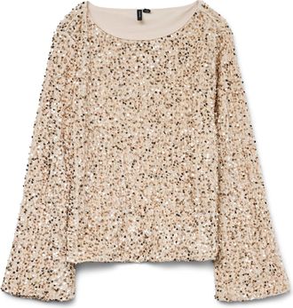 Vero Moda Damen VMBELLA LS Boatneck TOP JRS Langarmbluse, Pumice Stone/Detail:Champagne Sequins, M