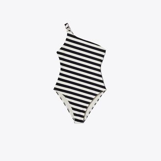 Tory Burch Damen Gestreifter One-Shoulder-Badeanzug